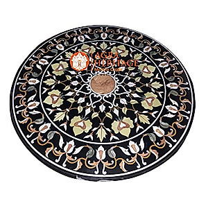 Black Round Marble 48" Dining Table Top Marquetry Inlay Furniture Hallway Decor