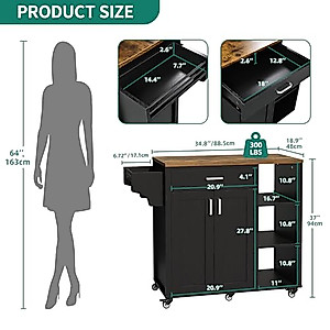 YITAHOME Rolling Kitchen Island Cart on Wheels with Storage, Drawer, Open Shelves, Spice/Towel Rack, Multi-Functional 2 Doors Kitchen Table Island for Dining Room, 42.5” Wide Black