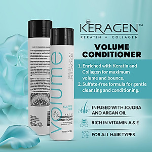 KERAGEN - Volumizing Conditioner for Fine Hair with Keratin and Collagen, Sulfate Free 10 Oz - Add Thickness, Hydrates and Enhances Hair Volume, with Panthenol, Vitamins, and Jojoba Oil
