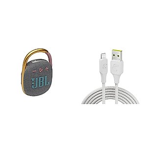 JBL Clip 4: Portable Speaker with Bluetooth - (Gray) and InfinityLab InstantConnect USB-A to Lightning -Charging Cable for iPhone and iPad - White