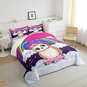 Erosebridal Rainbow Comforter Set Full,Cartoon Animal Owl Bedding for Kids Girls,Glitter Galaxy Clouds Stars Bedding Comforter Sets,Watercolor Dreamy Artwork Duvet Insert with 2 Pillowcases