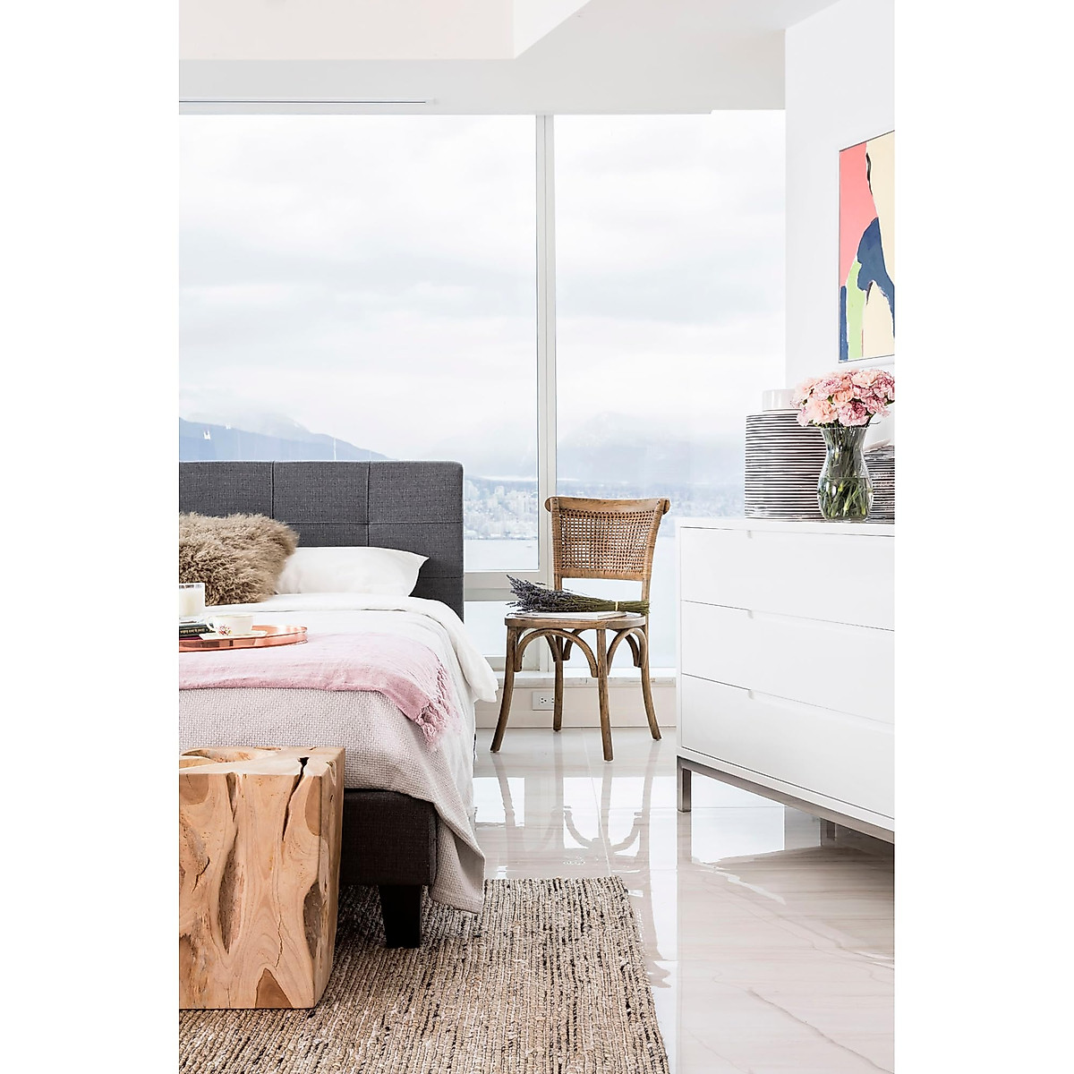 NADAAL STUDIOS Winston Dining Chair, Solid Elm with Rattan Cushioning, Light Brown- Set of Two