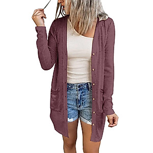 MEROKEETY Women's Open Front Lightweight Cardigan Long Sleeve Button Down Loose Outwear, Maroon, M