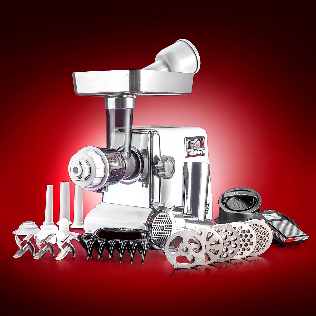 STX Turboforce 3000 Series 7-In-1 Powerful Size #12 Electric Meat Grinder w/Foot Pedal • Cold Press Juicer • Sausage Stuffer • Kubbe Kit • Patty Press • Meat Claws • 3 S/S Blades • 5 Grinding Plates