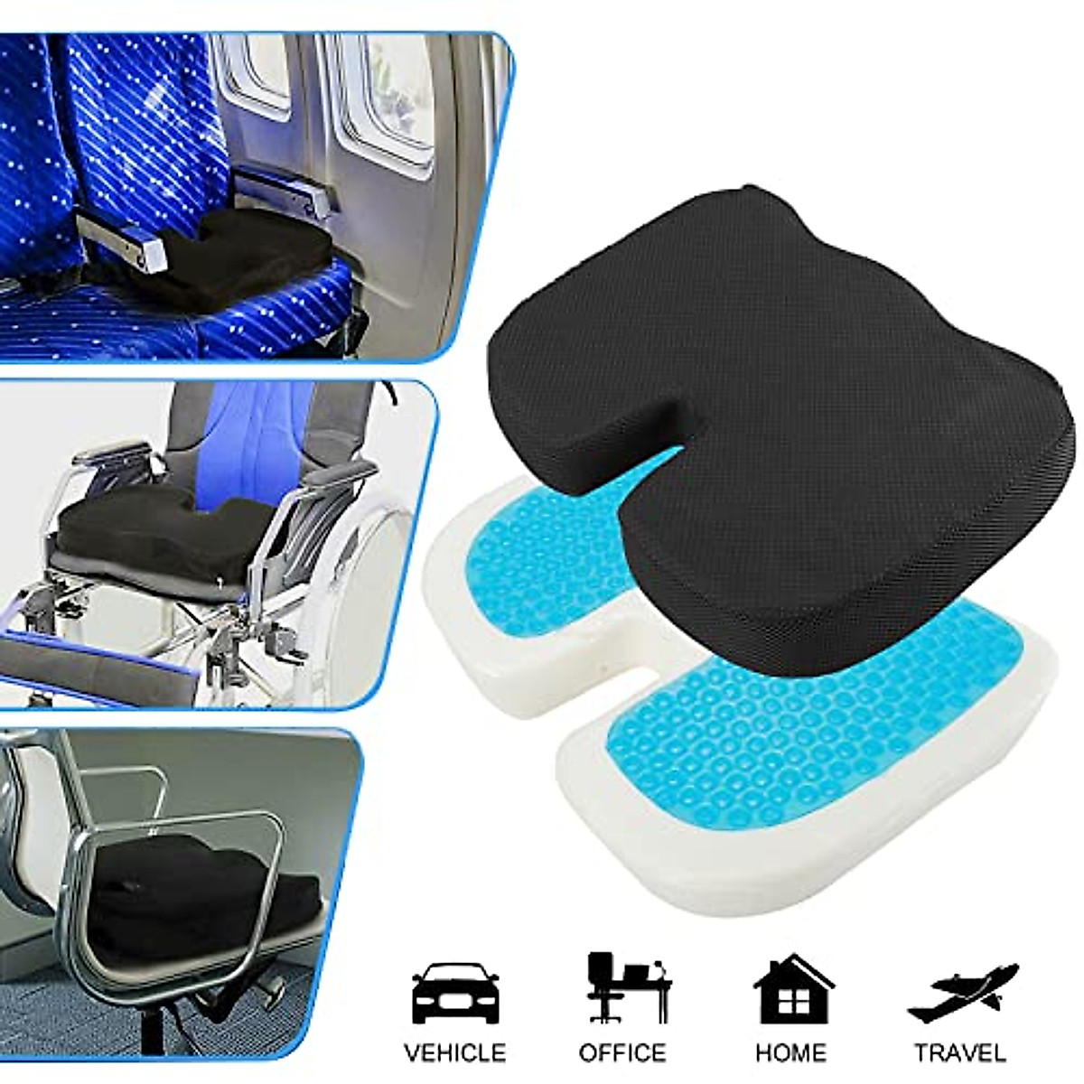 Gooeap Seat Cushion Car Office Chair Cooling Gel Seat Cushion- Memory Foam Gel-Enhanced, Ergonomically & Large Designed Pillow for Sciatica, Tailbone, Coccyx Back Pain,for Office Chair, Wheelchair,Car