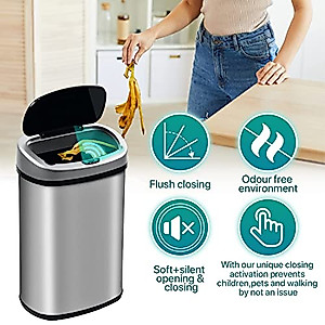 Automatic 13 Gallon Kitchen Stainless Steel Touch Free Trash Can with Lid High-Capacity Waste Bin with Ring Garbage Can for Home Kitchen Bathroom Bedroom Office