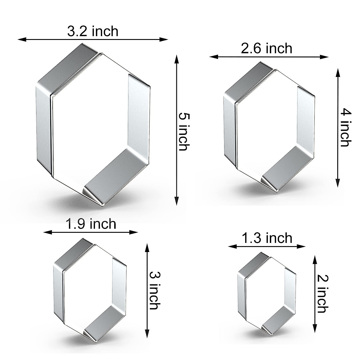 Long Hexagon Cookie Cutter Set Large - 5 Inch, 4 Inch, 3 Inch, 2 Inch - Geometric Gem Cookie Cutters Shapes Molds - Stainless Steel