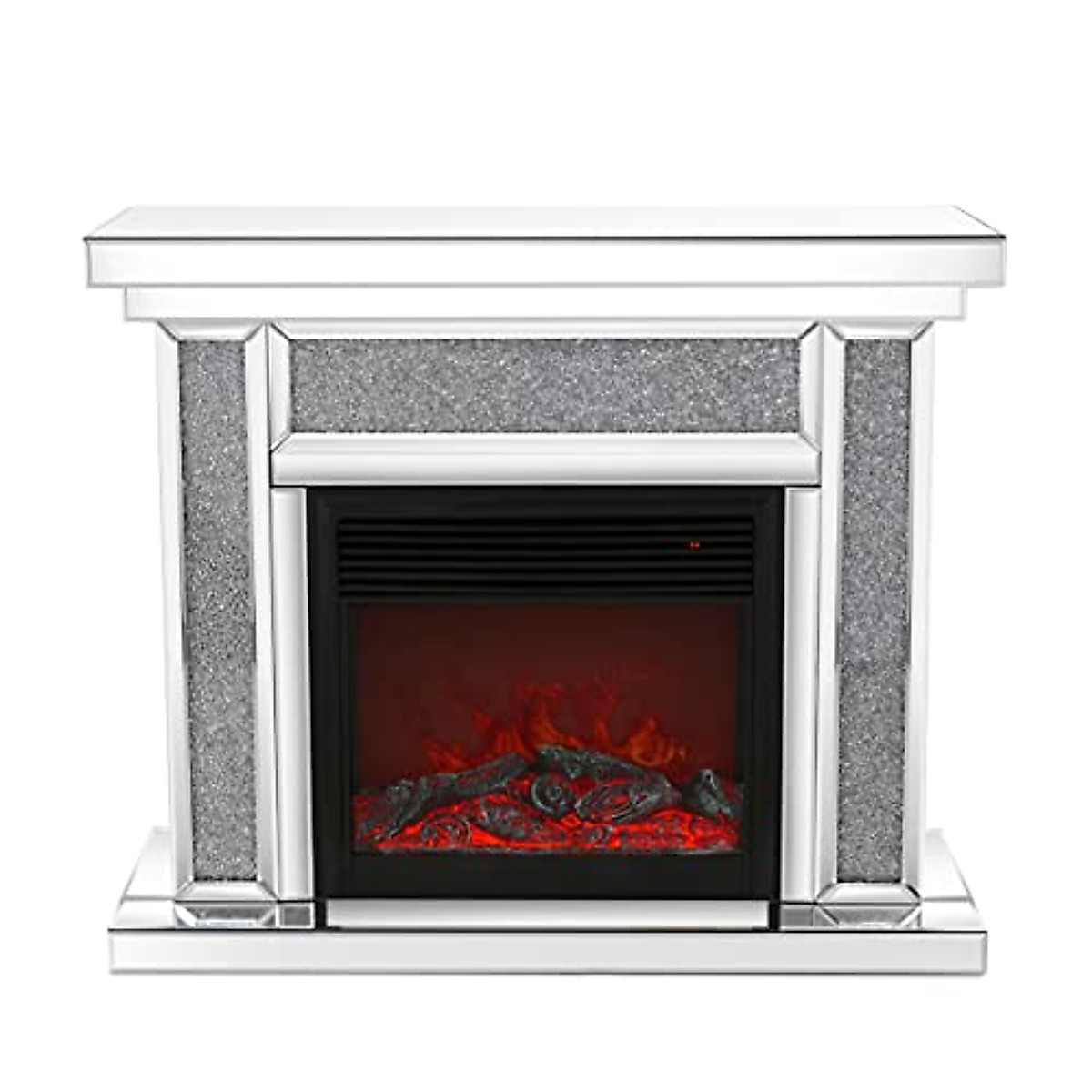DEINPPA Mirrored Electric Fireplace with Remote Control and Faux Diamonds, Freestanding Mantel Heater Firebox with 3D Flames for Living Room, 1500W Electric Heating Furnace