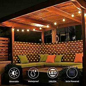 Solar Led Net Lights,100 LEDs Net Mesh Tree-Wrap Lights 4.9ft x 4.9ft,Dark Green Cable,8 Modes Outdoor String Decorative Lights for Window Wall Background Camping Beach Garden Patio (Warm White)