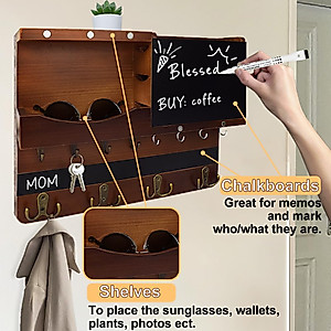 HEKOOLA Farmhouse Key and Mail Holder for Wall Decorative, Rustic Mail and Key Organizer for Wall with Different Hooks, Chalkboard, Key Holder Wall Mount with Shelf, Basket, Clips(Pine Wood, Brown)