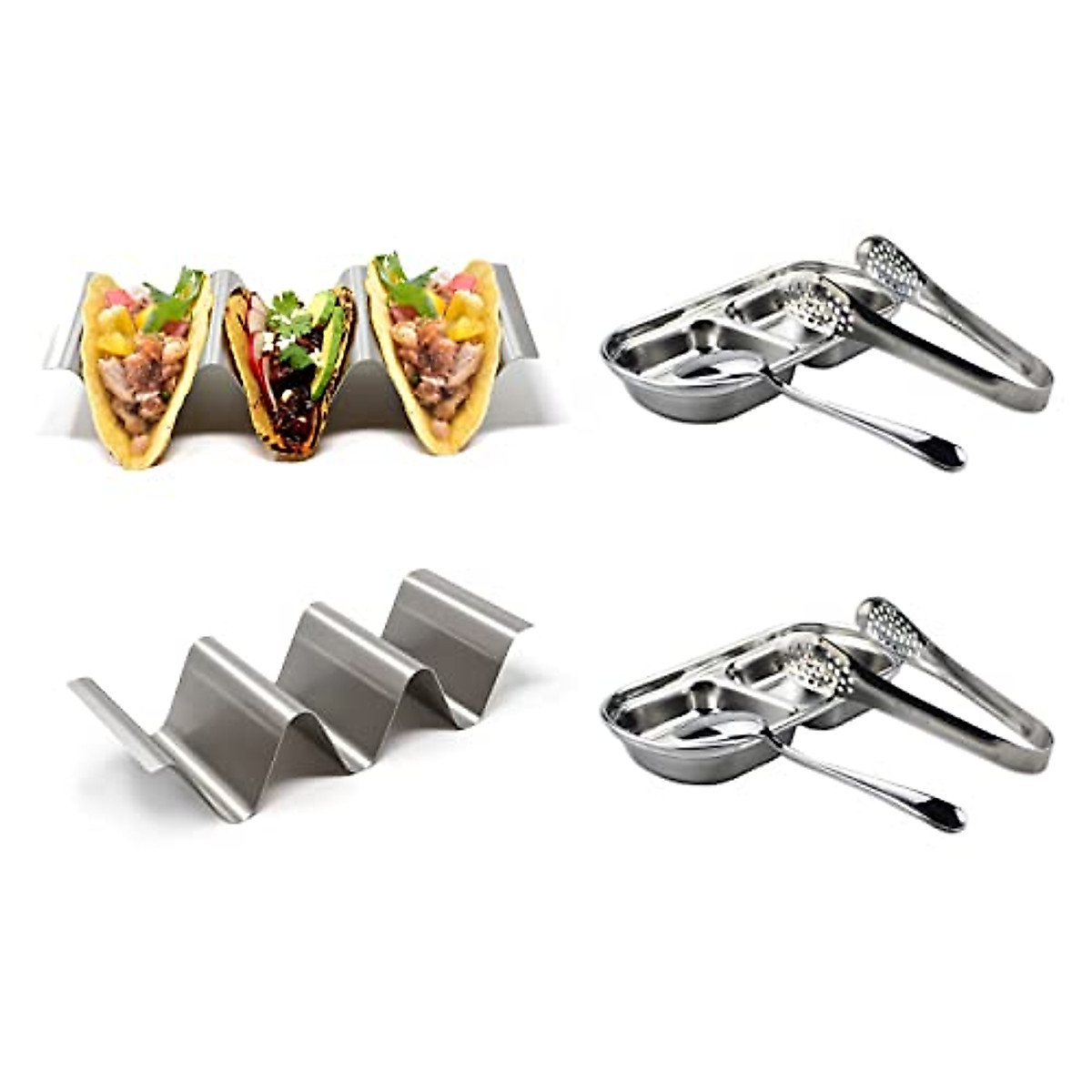2 Packs, Taco Holders Set, Stainless Steel Taco Racks With Handles, Hold up to 3 taco, Oven Grill Dishwasher Safe, 2 Spoons, 2 Sauce cups, 2 Food tongs