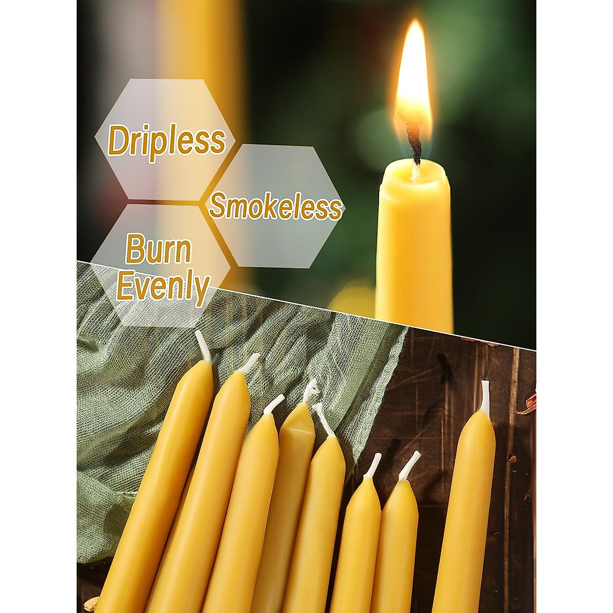 6 Packs Natural Beeswax Taper Candles- 10 inch Beeswax Candles, Smokeless and Dripless Beeswax Candles- 10 Hour Burn Time Beeswax Candlesticks- for Christmas Home Decor Air Purification Spa Relaxation
