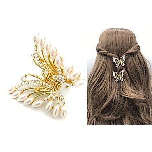 Metal Pearl Butterfly Small Hair Claw Clips for Girls and Women Vivid Butterfly Metal Hair Clips Wedding Décor (2 PCS)