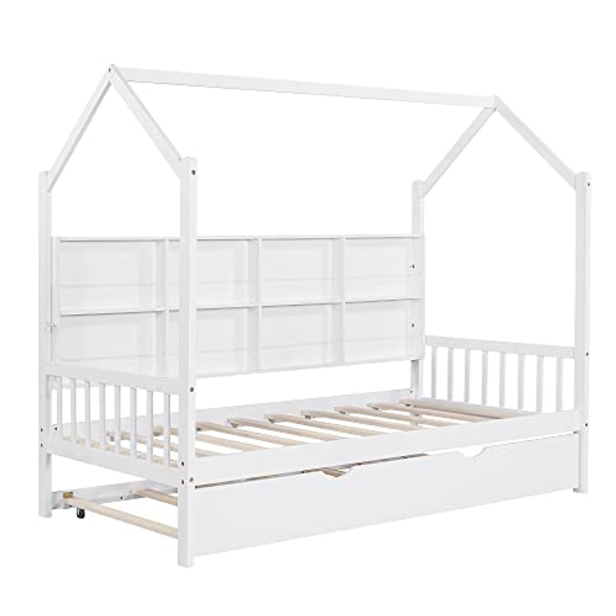 BIADNBZ Twin Size House Bed with Trundle,Wooden Kids Bedframe with Storage Shelf,Roof for Kids/Bedroom,No Box Spring Required,White