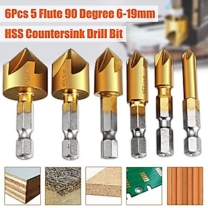 Baban Countersink Drill Bit,Countersink Drill Bit Set 6 Pcs 1/4'' Hex Shank HSS 5 Flute Countersink 90 Degree Center Punch Tool Sets for Wood Quick Change Bit 6mm-19mm