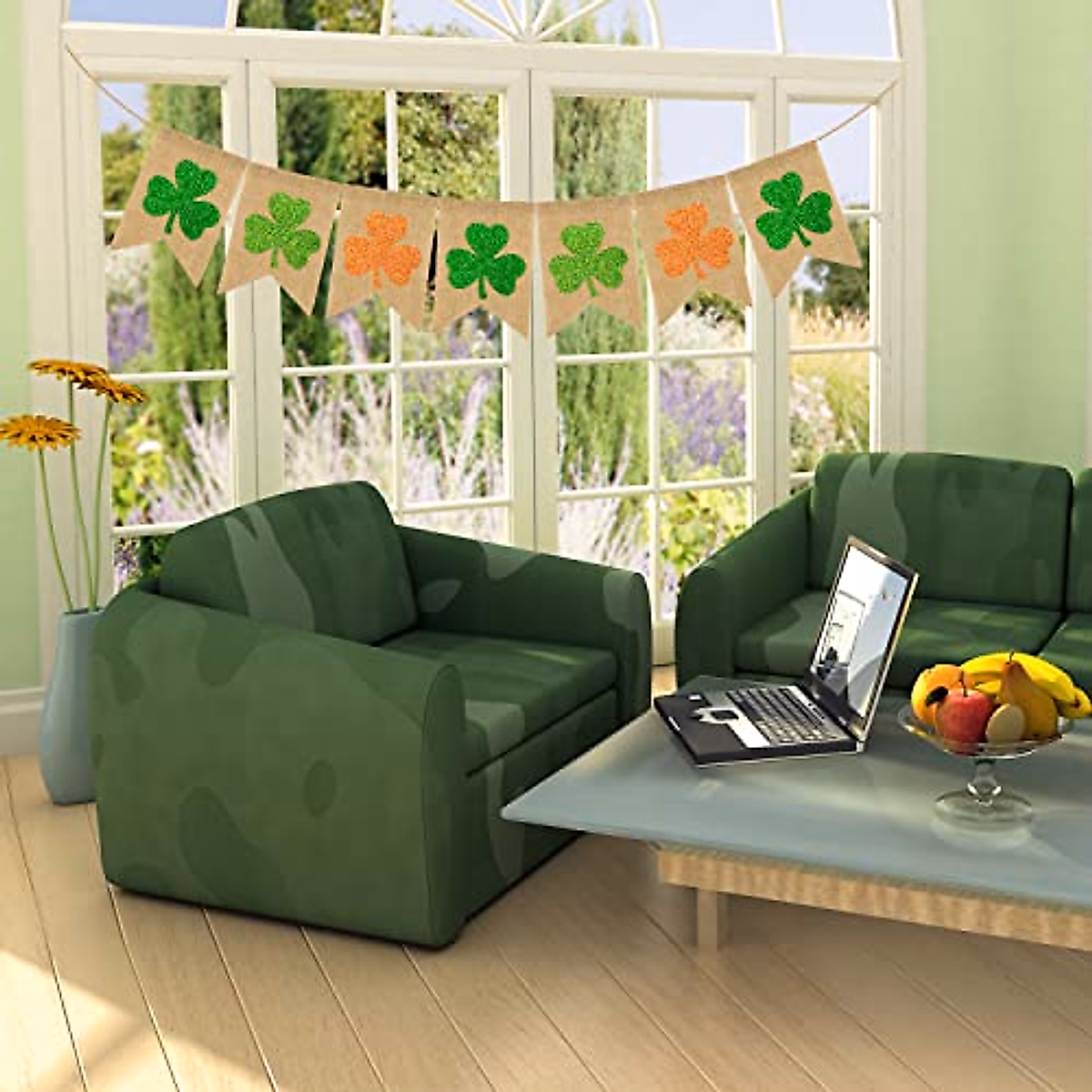 Doumeny Glitter Shamrock Burlap Banner St. Patrick's Day Bunting Banner Green Orange Lucky Clover Garland Banner Irish Lucky Day Party Banner Spring Holiday Decorative Garland for Mantel Fireplace