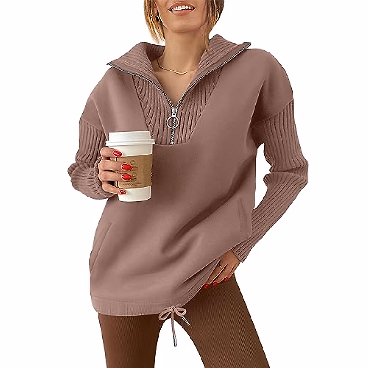 ANRABESS Quarter Zip Sweaters for Women Long Sleeve Casual Collared V Neck Knit Zipper Loose Fit Solid Pullover Jumper 2023 Fall Winter Fashion Clothes with Pockets 780doukou-S