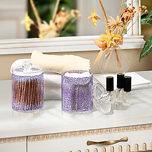 Purple Glitter Qtip Holder Dispenser Girly Bling Bathroom Canister Storage Organization 2 Pack Clear Plastic Apothecary Jars with Lids Vanity Makeup Organizer For Cotton Swab Ball Floss