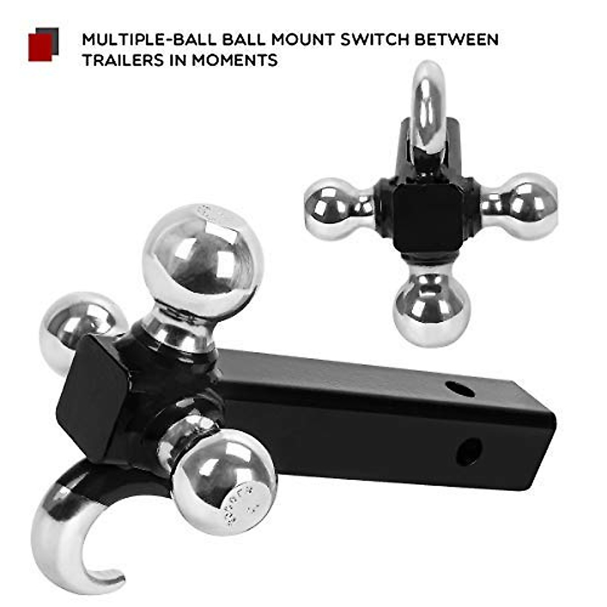 YITAMOTOR Trailer Hitch Tri Ball Mount with Hook, Multi Hitch Ball Mount Fits 2" Hitch Receiver, 1-7/8", 2", 2-5/16" Tri Ball Hitch (Black&Chrome)