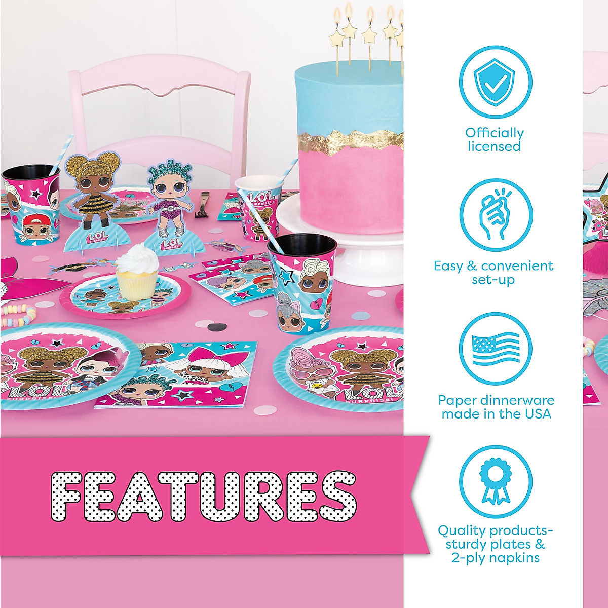 LOL Party Supplies Birthday Decorations | Serves 16 Guests | With Table Cover, Banner, Plates, Napkins, Cups, Button