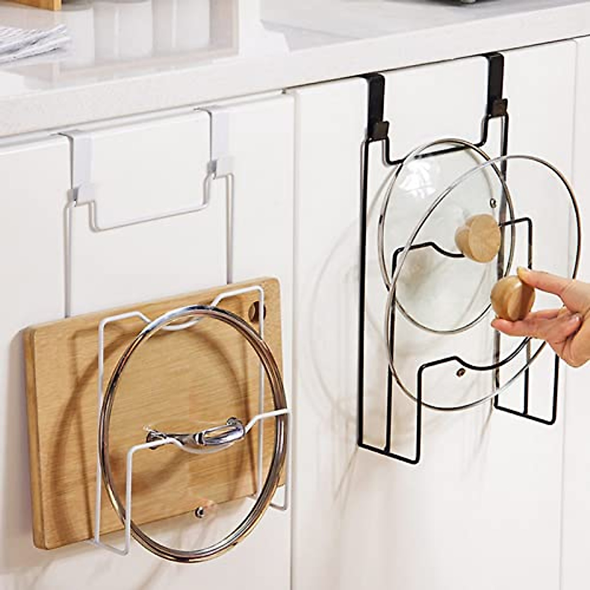 Luxshiny Cabinet Organizer Wall Mount Pot Lid Rack Punch Free Stainless Steel Hanging Cutting Board Pot Lid Holder Cabinet Door Pot Lid Organizer Pan Cover Rack Hanger for Kitchen White Shelf Bracket