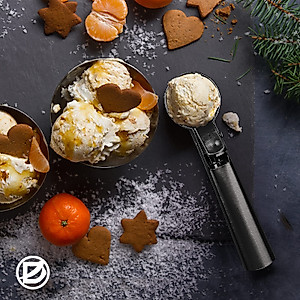 D Ice Cream Scoop, Stainless Steel Ice Cream Scooper with Trigger Release, Metal Cookie Scoops, Iceream Scoop Spoon for Meatball Frozen Yogurt Gelatos and Sundaes, Dishwasher Safe (Black)