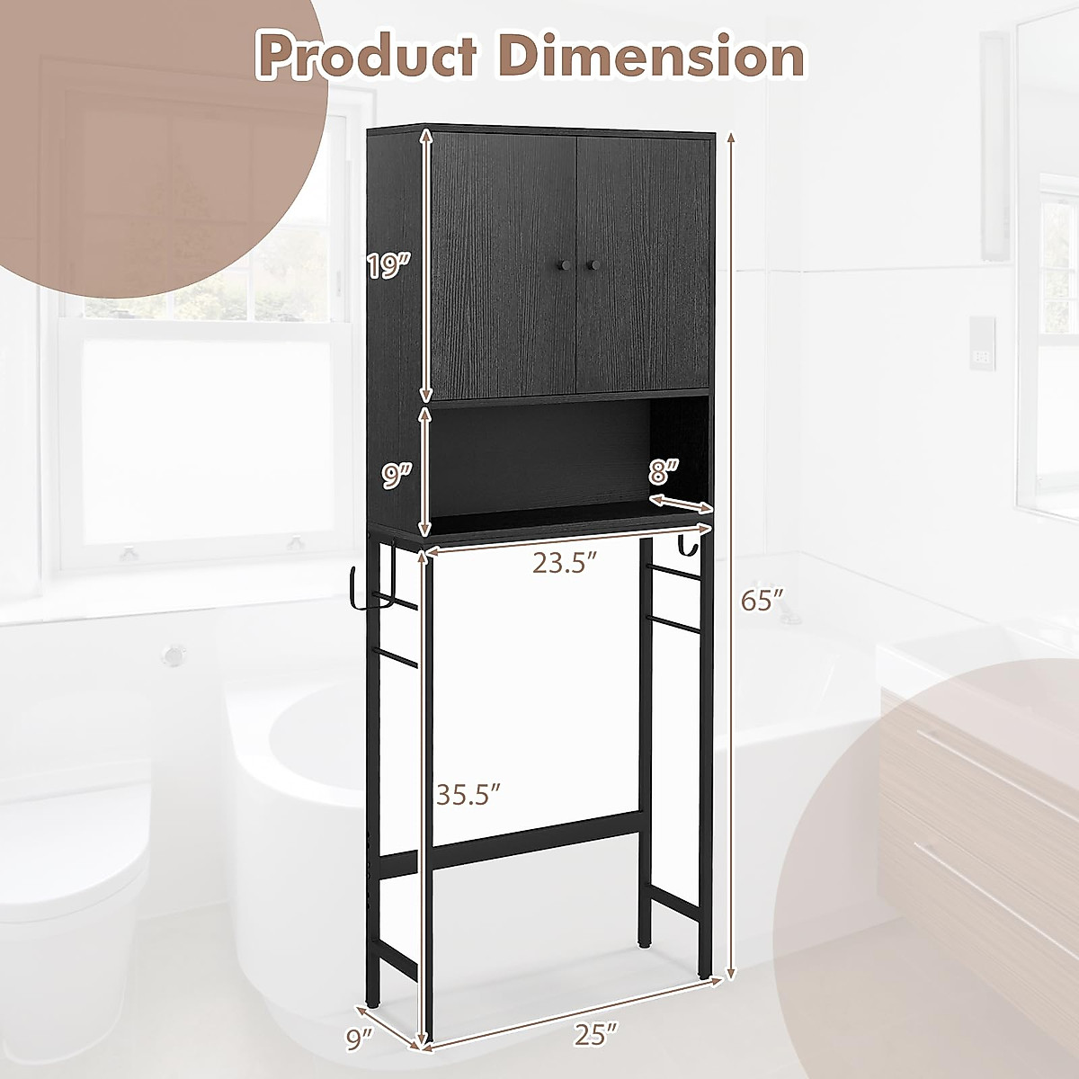 Tangkula Over The Toilet Storage Cabinet, Freestanding Toilet Rack w/ 2 Doors, Adjustable Shelf, Adjustable Bottom Bar, 2 Side Hooks, Above Toilet Storage Shelf for Bathroom, Laundry Room (Black)