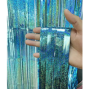 Vanujoy Iridescent Teal Blue Foil Fringe Backdrop Curtains Party Decoration - 2 Pack Tinsel Party Door Wall Curtain for Birthday Bachelorette Party Engagement Bridal Shower Baby Shower Graduation