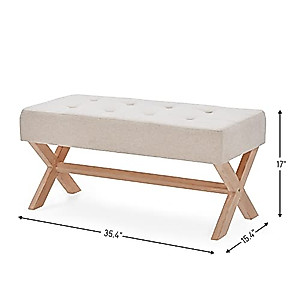 HUIMO 35-inch Entryway Bench, Upholstered End of Bed Bench for Living Room, Bedroom. Dinning Bench Seat with X-Shaped Legs for Kitchen, Solid Wood Indoor Bench for Foyer, Hallway (Beige)