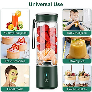 Portable Blender,Personal Hand Smoothie Travel Blender Cup, Fruit Mixer, 7.4V Bigger Motor Mini Blender for Fruit Juice,Milk Shakes,Baby Food, 400ML, Rechargeable,New Sharp 6 Blades for Great Mixing (Green)