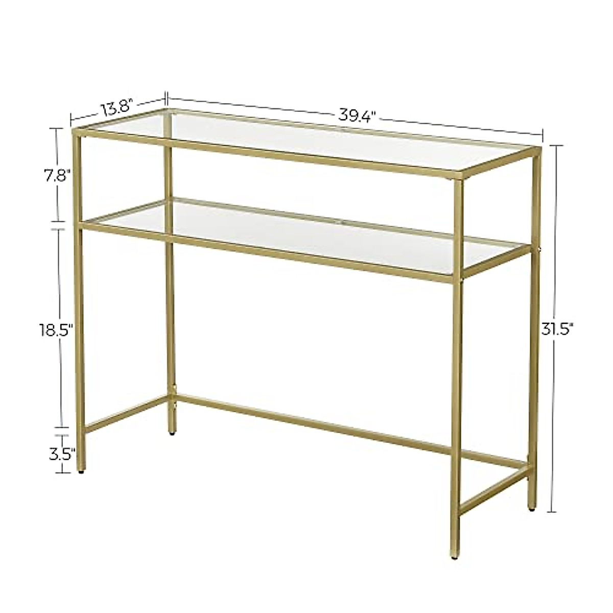 VASAGLE 39.4 Inch Console Sofa Table, Modern Entryway Table, Tempered Glass Table, Metal Frame, 2 Shelves, Adjustable Feet, for Living Room, Hallway, Gold Color ULGT025A01