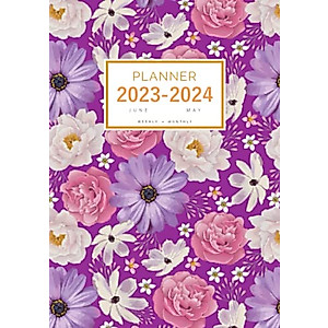 Planner 2023-2024: A5 Weekly and Monthly Organizer from June 2023 to May 2024 | Elegant Rose Peony Flower Design Purple