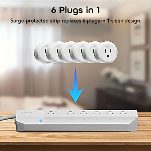 Geeni Surge 6-Outlet Smart Extension Cord, Surge Protector and Cord Extender, Works with Alexa, Google Assistant, Requires 2.4 GHz WiFi, 3 Feet
