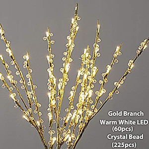 3 Pack Lighted Tree Branches, Crystal Beaded Gold Branch lights with Timer Battery Operated, 30inch Twig Tree with 60 Warm White LED Lights Tall Vase Filler for Home Garden Wedding Holiday Decoration