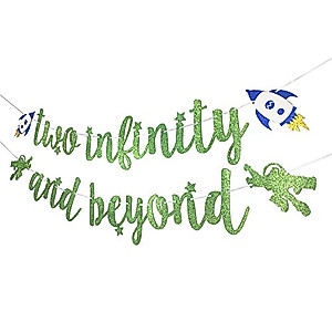 Light Green Glitter Two Infinity and Beyond Banner Pre-strung for Kids' 2nd Birthday Party Decorations