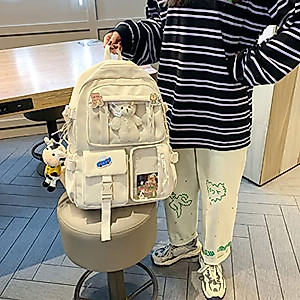 KOWVOWZ Kawaii Backpack for Teen Girls Aesthetic Student Bookbags with Cute pin bear pendant harajuku school nylon waterproof (white)