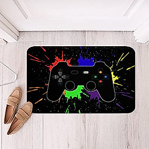 Gamer Rug Tie Dye Bathroom Rugs, Gaming Console Area Rug 20"X32" Game Room Decor, Gamepad Galaxy Sky Door Mat Fleece Fabric, Video Games Carpet Fall Door Mat