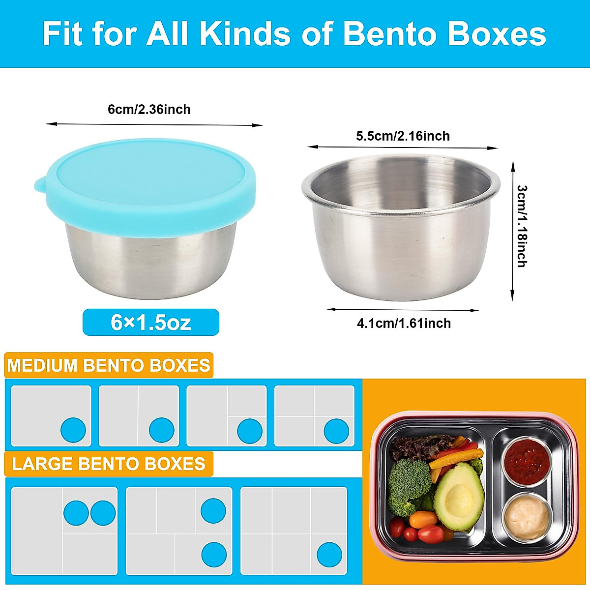 Ecurfu Salad Dressing Containers To Go, 3x1.5 oz Small Condiment Containers with Lids, 18/8 Stainless Steel Dipping Sauce Cups Set Leakproof, Fits in Kids Bento Box for Lunch, Picnic and Travel