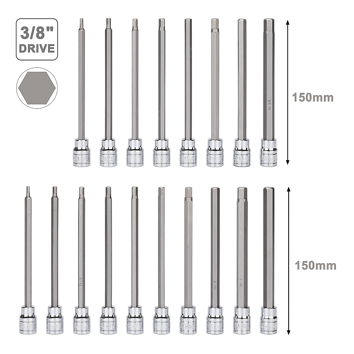 Mayouko 3/8" Drive Extra Long Allen Hex Bit Socket Set, 1/8" - 3/8", 3-10mm, S2&CR-V, Metreic&SAE, 18 Pieces, 150mm/5.9" Length