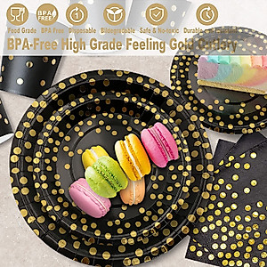 175PCS Black and Gold Party Supplies, Severs 25 Disposable Party Dinnerware, Gold Plastic Forks Knives Spoons and Golden Dot Black Paper Plates, Black Napkins Cups for Graduation, Birthday, Wedding