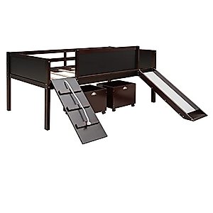 GINGVAT Twin Size Loft Bed with Two Storage Boxes, Wood Loft Bed with Climbing Frame, Slide and Guardrails，Multi-Functional，Espresso