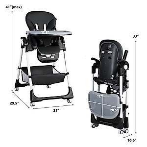 Kinder King High Chair for Babies & Toddlers, Simple Fold Highchair w/Large Storage Basket, Adjustable Height, Recline & Footrest, Detachable Double Trays, PU Cushion, Easy to Move & Clean, Black