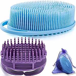 Silicone Body Scrubber for Shower, MICARA Set of 2 Soft Exfoliating Brush for bath with Gentle Scrub and Massage on Dry or Wet Sensitive Skin, Scalp, Back, Foot, Lathers Well as Handheld Loofah