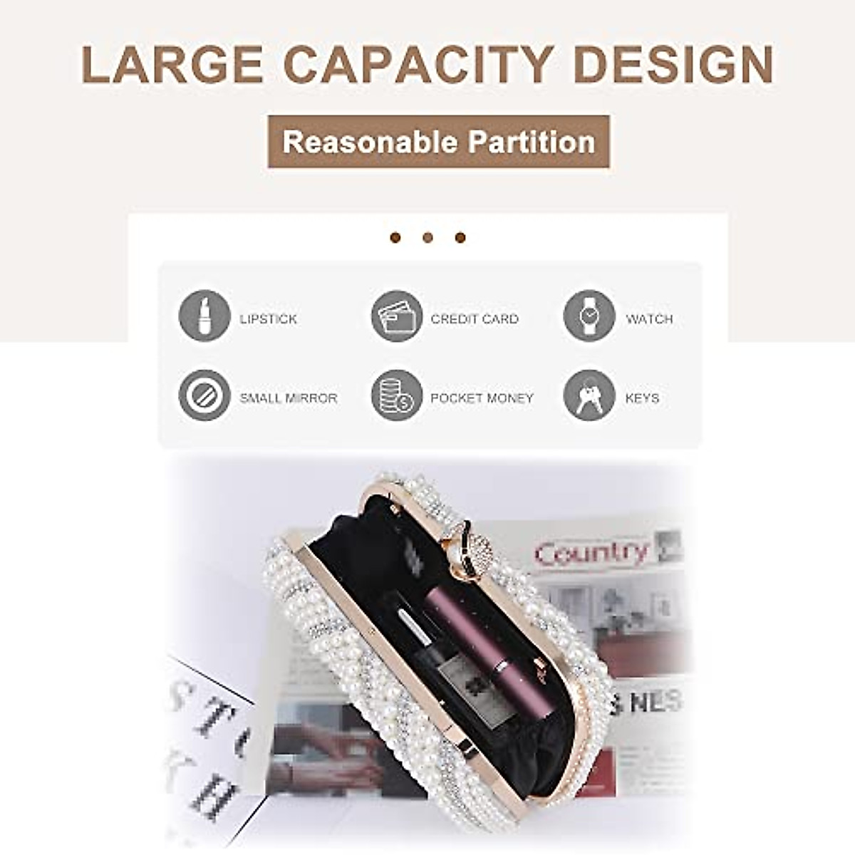 UONIFANS Womens Evening Bags Artificial Pearl Clutch Purse Shiny Rhinestones Handbag for Wedding Party Prom Women Bag (White)