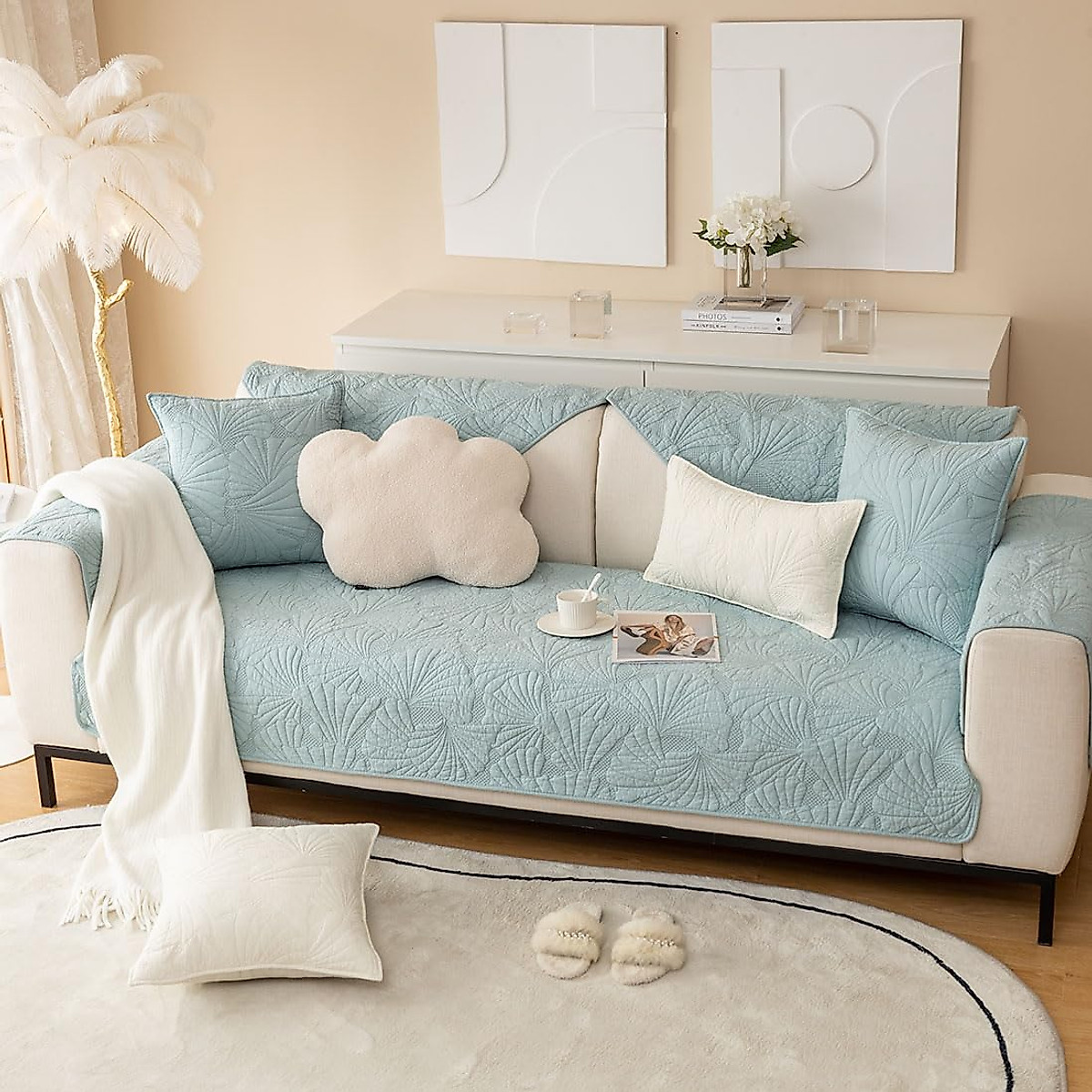 Huierxun Solid Color Leaves Sofa Cover Cotton Quilted Couch Cover Anti-Slip Sectional Couch Covers Sofa Slipcover for Dogs Cats Pet Love Seat Recliner Armrest Backrest Cover (Blue,28''x28'')