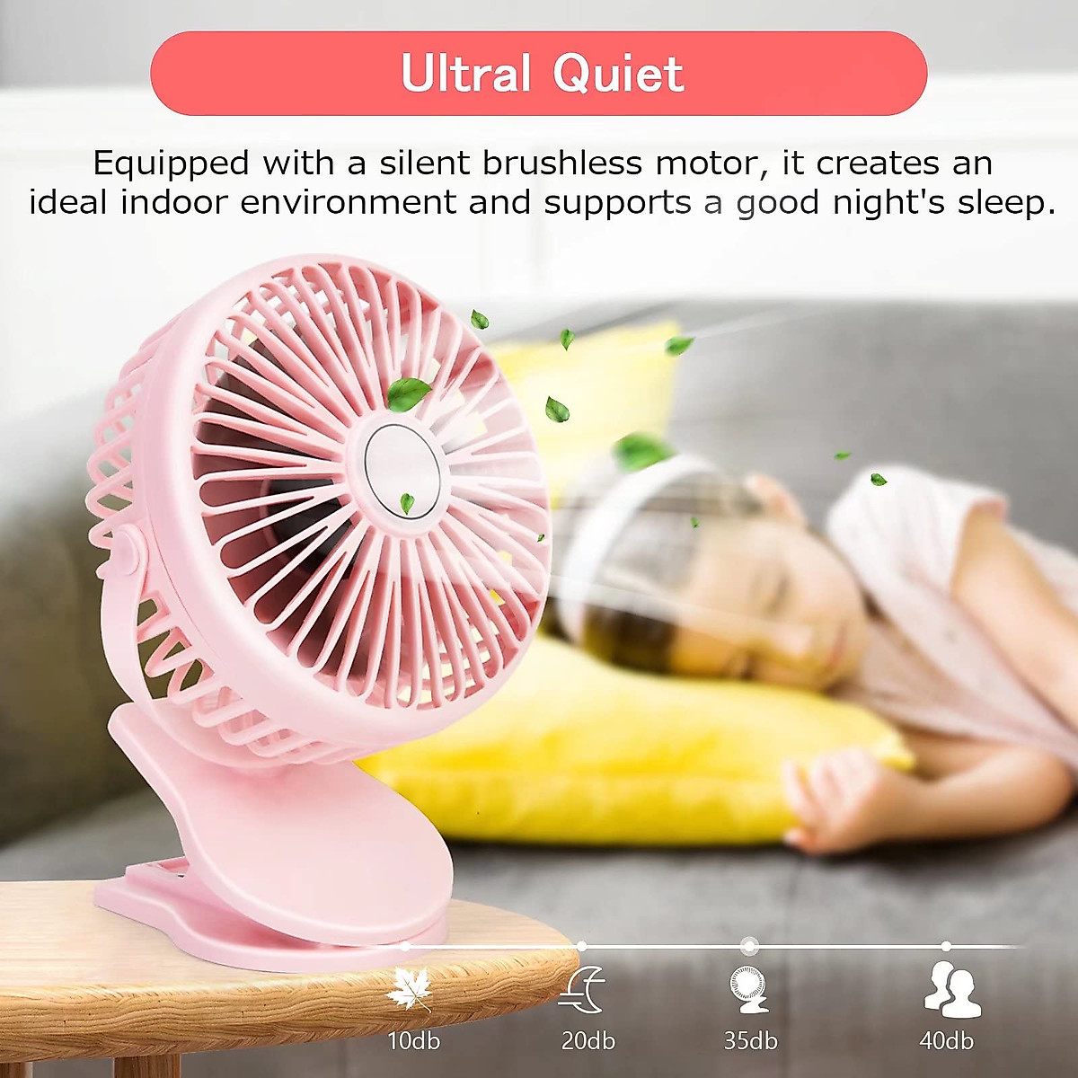 AOGELI Clip Fan,Mini Portable Fan with clip, Clip on Fan for Bed,3 Speeds Personal Fan,5000 mAh Rechargeable Battery Operated Fan, 360°Rotate Desk Fan for Home Office Travel Stroller Camping Pink