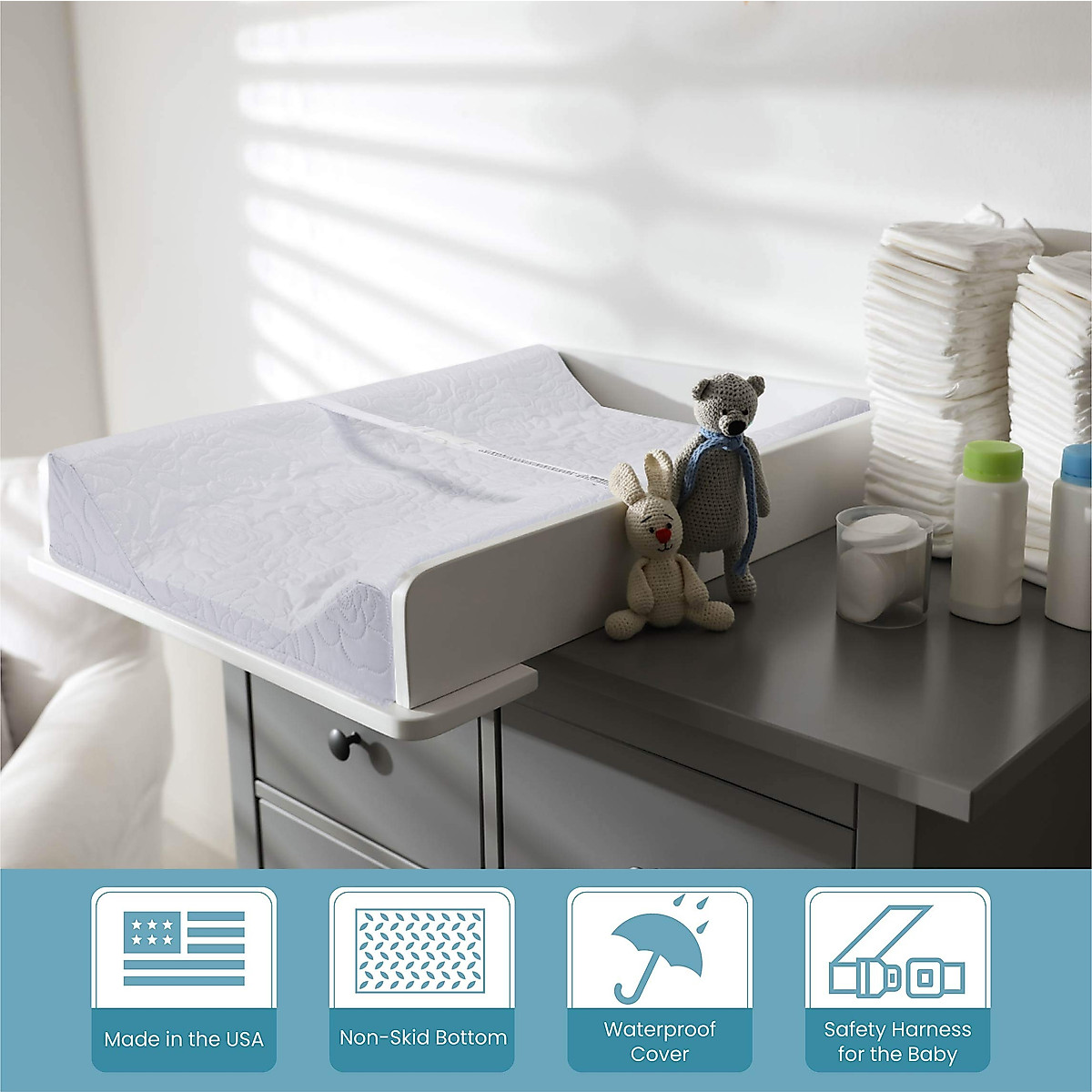 LA Baby Contoured Waterproof Diaper Changing Pad, 32" with Easy to Clean Quilted Cover - Made in USA. Non-Skid Bottom, Safety Strap, Fits All Standard Changing Tables/Dresser Tops