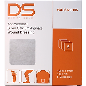 DERMA SOLU 4” x 4” Silver Calcium Alginate Wound Dressing Alginate w/Silver Sterile (4" x 4" (5 Dressings))