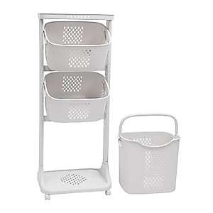 Laundry Basket, 3 Tier Sorter Clothes Storage Hampe Organizer Shelf Rolling Cart With 4 Wheels 55.12lbs Load White For Kitchens, Bathrooms, Bedrooms, Dormitories, Classrooms, Laundry Rooms