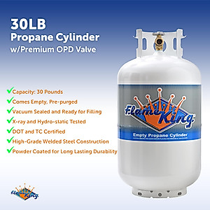 Flame King YSN-301 30 Pound Steel Propane Tank Cylinder with Type 1 Overflow Protection Device Valve DOT and TC Compliant, White